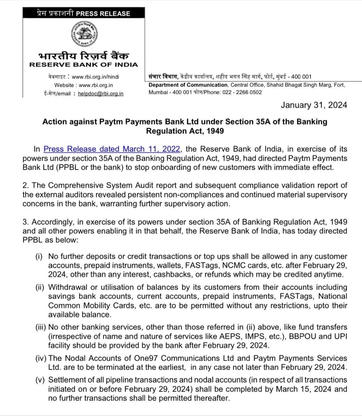 The Reserve Bank of India Halts Paytm Bank's Operations: What the ...